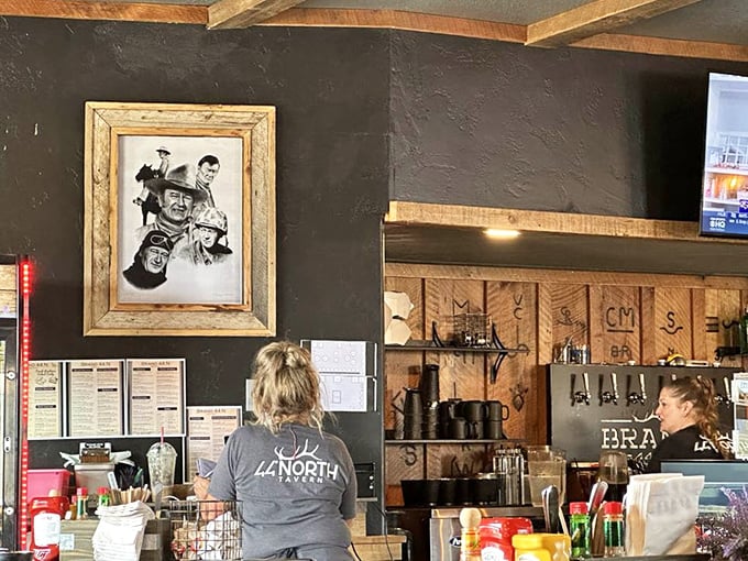 Behind every great breakfast is a dedicated team. The western-themed decor extends to every corner, including this glimpse into the heart of operations.