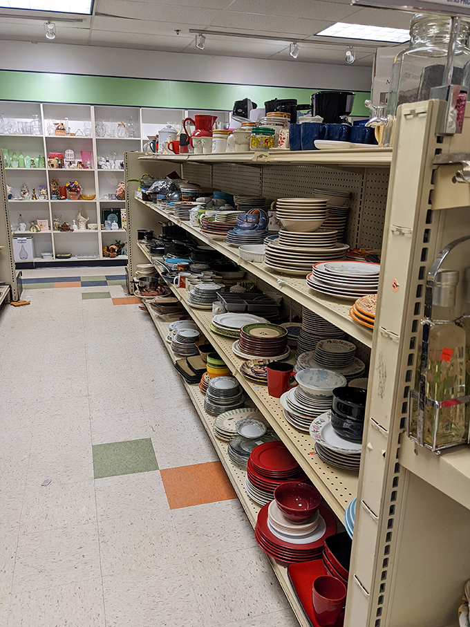 The dish department&mdash;where mismatched becomes "eclectic collection" and incomplete sets become "curated." Those red plates are just waiting to host your next dinner party.