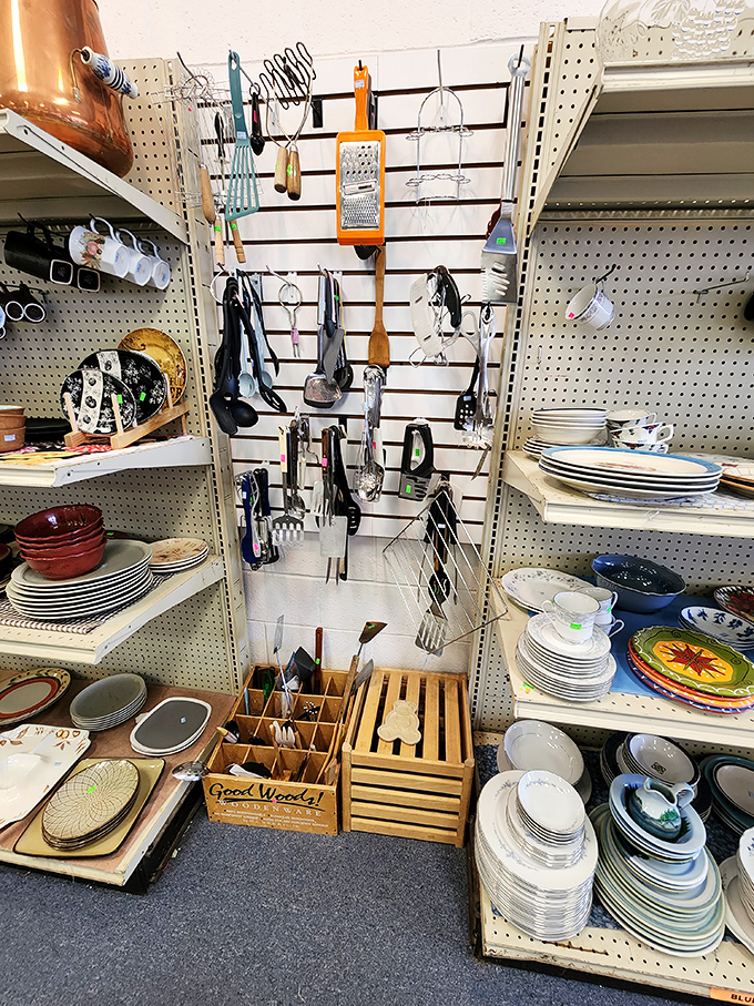Kitchen utensil paradise where wooden spoons, vintage graters and modern gadgets hang together like old friends at a reunion.