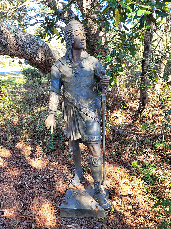 This stoic knight stands guard in the Alabama forest, presumably protecting visitors from the nearby dinosaurs. Medieval meets Mesozoic in the most unexpected way.
