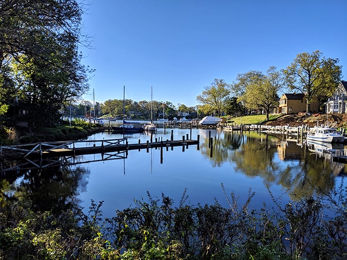 Morning light creates mirror images on this tranquil dock, where an Adirondack chair patiently waits for someone to pause and appreciate the view.