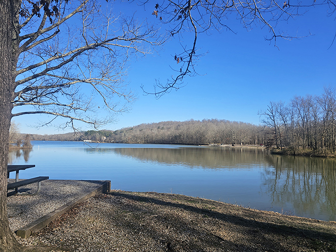 Winter's retreat reveals the lake in quiet splendor &ndash; a bench perfectly positioned for contemplating life's big questions or simply enjoying silence.