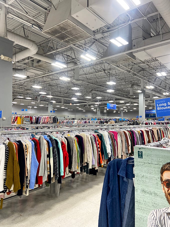 The clothing forest continues with no end in sight. Under these bright lights, yesterday's fashion becomes tomorrow's unique style statement.