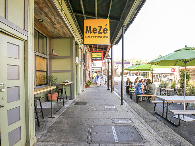 MeZ&eacute;'s sidewalk dining scene captures that perfect small-town moment when Mediterranean flavors meet Sierra foothills hospitality under impossibly blue skies.