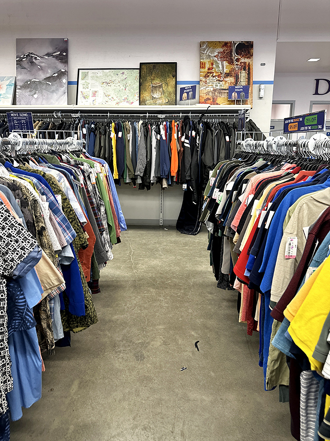 Men's shirts arranged by color create a wearable rainbow. That perfect flannel for Alaska's shoulder seasons might be hiding right here.