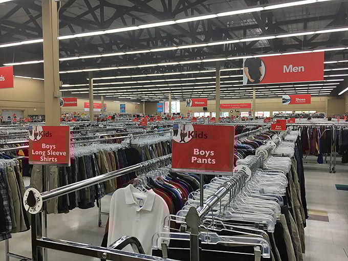 Men's department: where Hawaiian shirts and corporate castoffs find new life. That golf polo might have once belonged to your dentist.