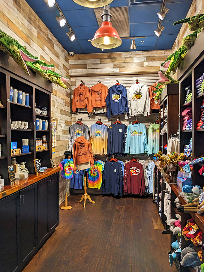 The gift shop offers wearable souvenirs—because sometimes a t-shirt is the only appropriate response to great food.