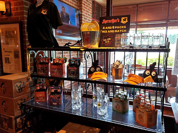 Wisconsin pride on display&mdash;Sprecher's root beer and sports memorabilia remind you that local loyalty runs deeper than any lake.