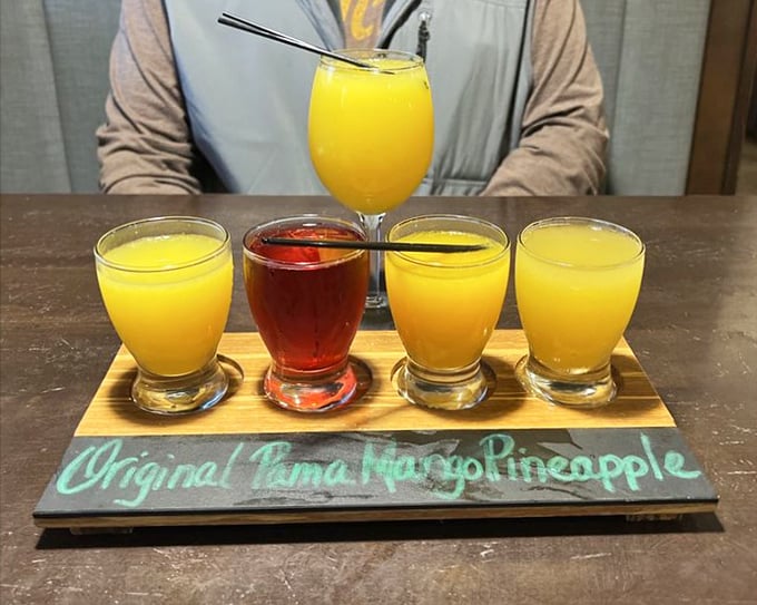 A mimosa flight that turns brunch into an adventure. Four different ways to convince yourself that fruit juice makes day drinking sophisticated.