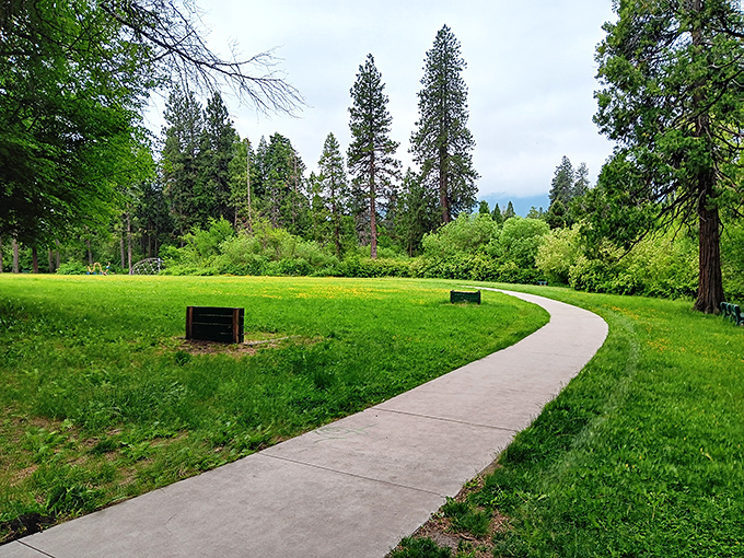 Mount Shasta City Park offers winding paths through emerald lawns&mdash;nature's version of a stress-relief therapy session.