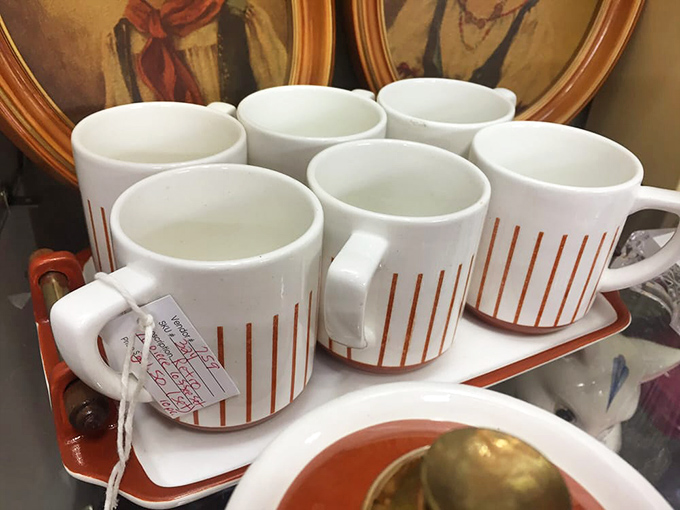 These striped mugs are just waiting for your morning coffee ritual. Simpler times when "going viral" meant catching a cold.