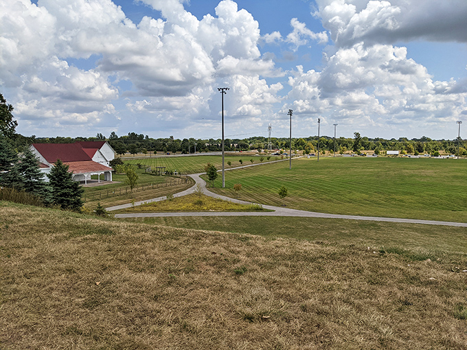 Mulberry Fields offers wide-open spaces where organized sports and spontaneous frisbee games coexist in grassy harmony under Indiana skies.