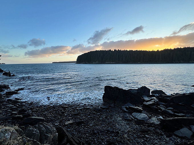 As the sun sets over Kodiak's rocky shores, the water transforms into a mirror reflecting the day's final light show. Nature's perfect nightcap.