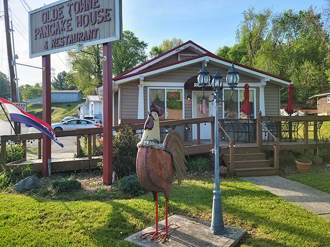 Olde Towne Pancake House welcomes hungry travelers with homestyle charm and a giant rooster guard. Breakfast doesn't get more authentically Southern than this.