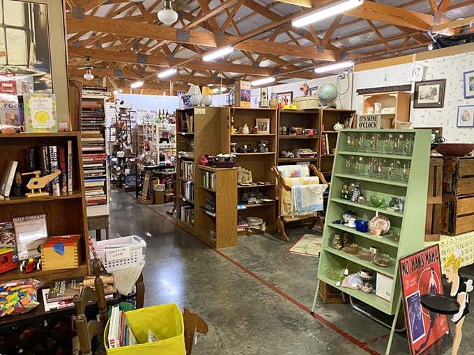 Aisles of possibility stretching toward the horizon. The exposed wooden beams above have witnessed countless treasure-hunting expeditions below.