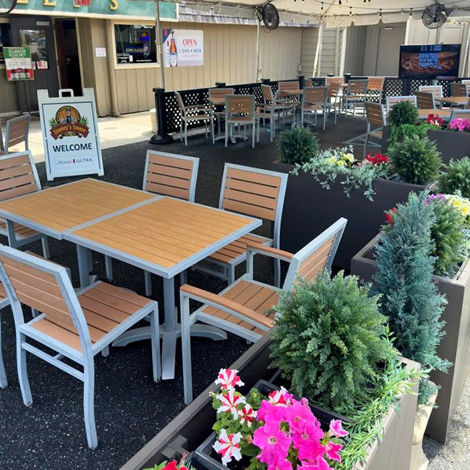 Outdoor seating extends the Stanley's experience with fresh air, colorful flowers, and the same exceptional food quality.