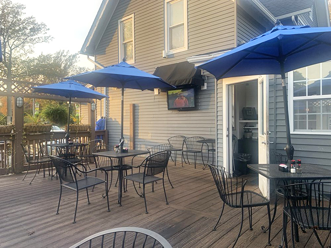 Summer perfection is an outdoor table under blue umbrellas, where lake breezes enhance every bite and sip at this Avon Lake treasure.