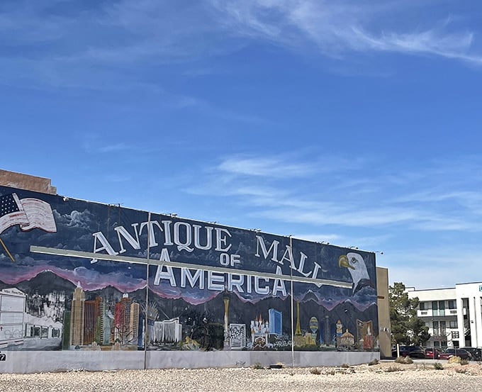 The outdoor mural celebrates American iconography with the same exuberant mix-and-match philosophy found inside the treasure-filled halls.