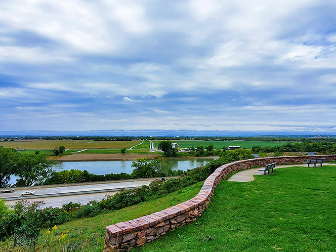 From this scenic overlook, the Missouri River Valley unfolds like a living map, with benches perfectly positioned for contemplating life's bigger questions.