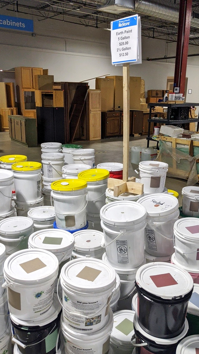Paint buckets with color samples that tell stories of abandoned accent walls and brave design choices.