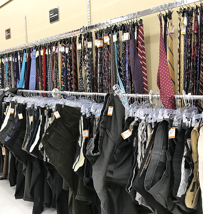 Dress pants and slacks organized by size make building a professional wardrobe accessible to anyone, regardless of their income level.