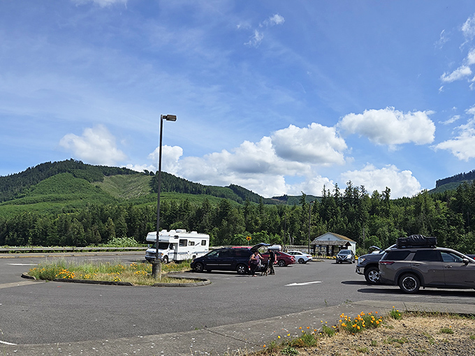 Even the parking lot offers a view worth writing home about. "Dear Mom, arrived at bridge, already impressed by the mountains, and I haven't even seen the main attraction!"
