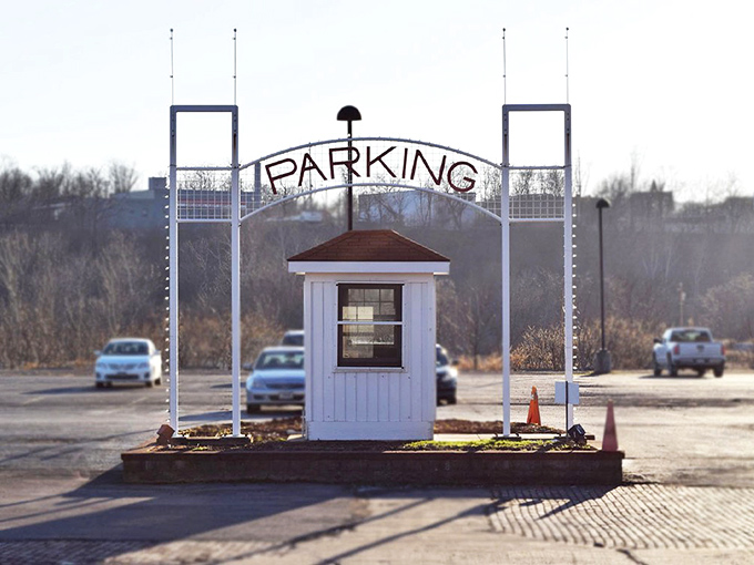 Even the parking entrance has character at Youngstown Flea, where industrial aesthetics meet practical design in this welcoming gateway to treasure hunting.