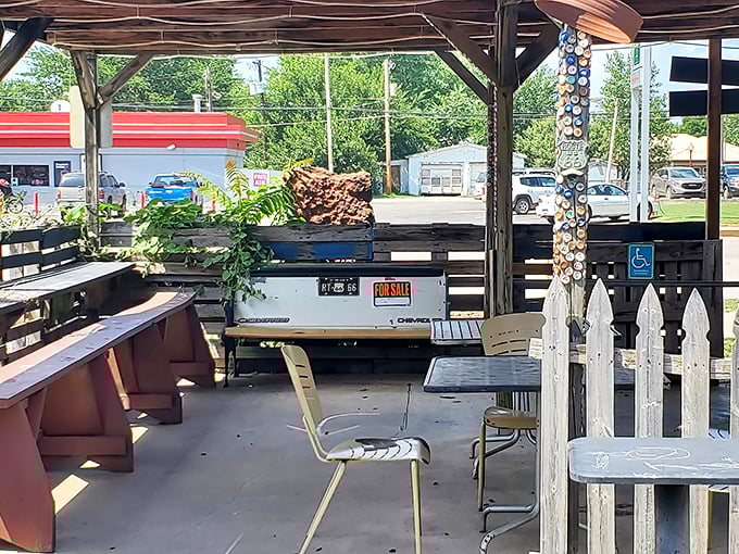 The outdoor patio offers a chance to digest both your meal and the quintessential small-town America vibes flowing through Stroud.