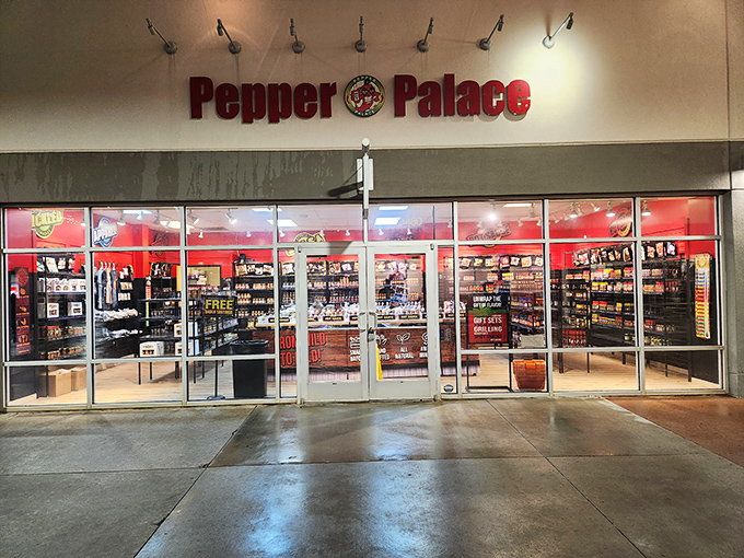 Pepper Palace glows like a spicy beacon in the night, tempting heat-seekers with bottles of liquid courage and flavor.