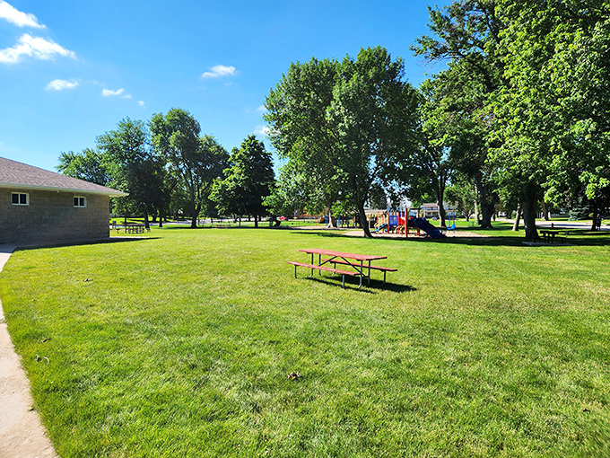 This playground and picnic area screams "Norman Rockwell painting come to life"—just add families, frisbees, and the occasional overambitious grillmaster.