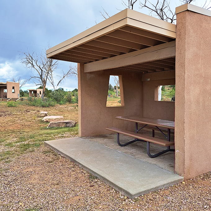 Adobe shelters providing shade where your sandwich tastes exponentially better than it would in your kitchen.