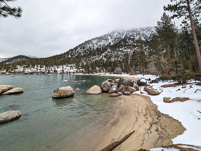 Winter meets water in a perfect alpine handshake. Even in snow season, Tahoe's shores offer solitude for the brave and well-insulated.