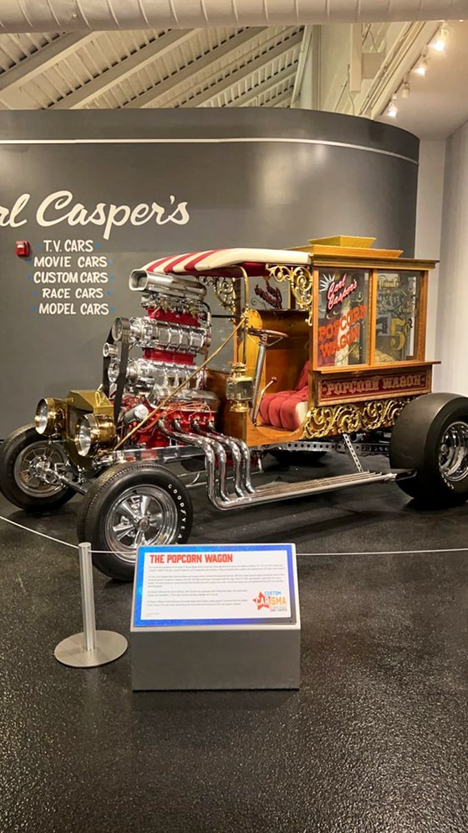 Not all exhibits are serious&mdash;this whimsical "Popcorn Wagon" hot rod shows the playful creativity that makes car culture more than just transportation.