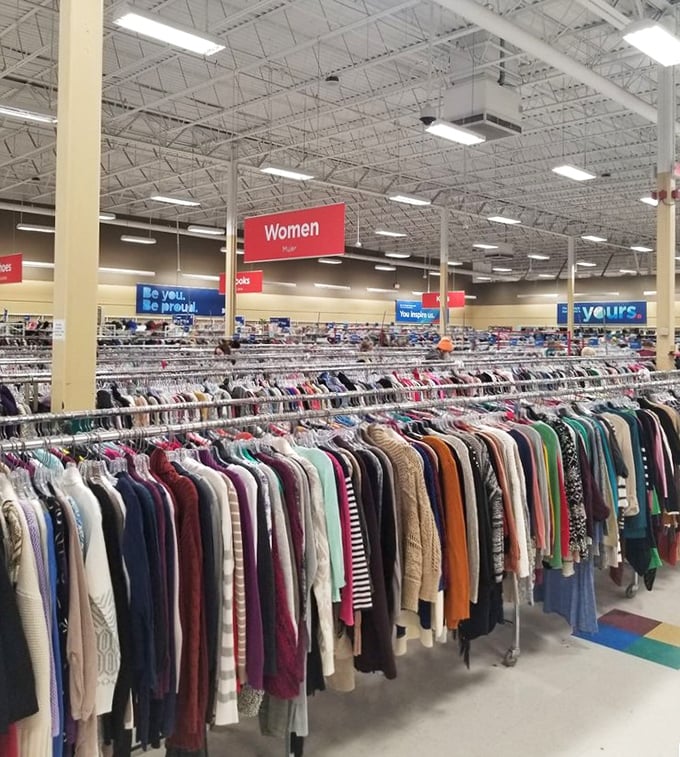 The women's section stretches toward the horizon like a textile sea. That perfect sweater is hiding somewhere between casual Friday and Sunday best.