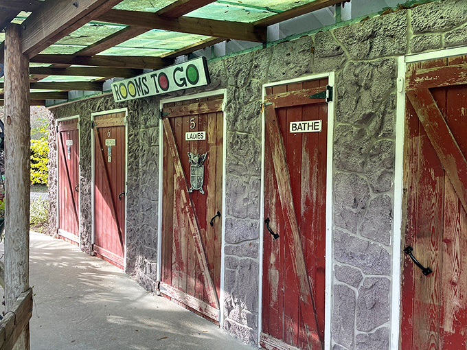 Even the restrooms embrace the castle theme. "Rooms to Go" takes on an entirely different meaning in this medieval-inspired comfort station.