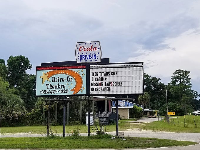 The roadside marquee announces tonight's lineup, a beacon of entertainment possibilities visible from the highway for spontaneous movie nights.