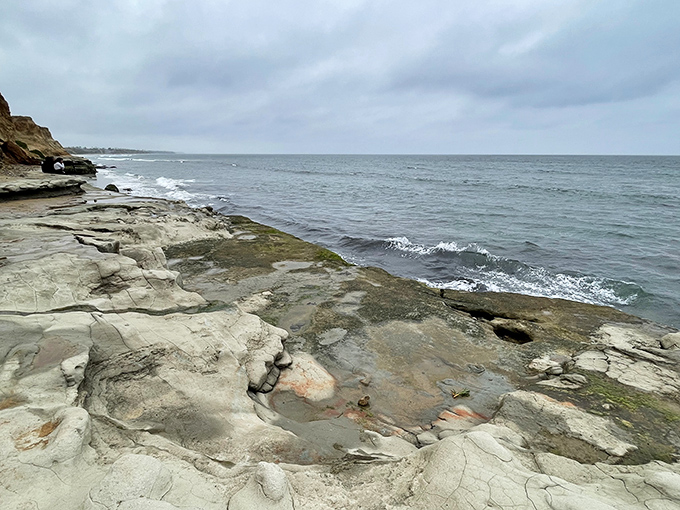 Ancient stone platforms meet the restless sea in a geological dance that's been performing daily for millennia.
