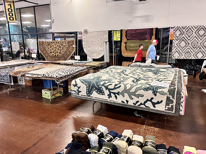 Rug dealers showcasing their wares with pride. Each pattern tells a story that could transform your living room from "nice" to "have you seen my rug?"