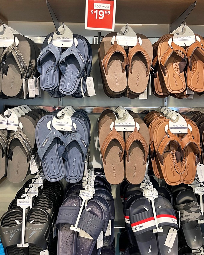 Nautical flip-flops lined up like soldiers ready for beach duty&mdash;because even your feet deserve options when strolling the boardwalk.