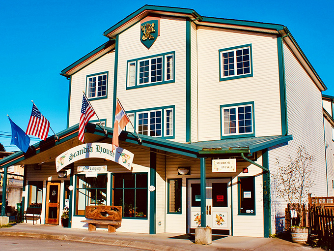 The Scandia House proudly flies its heritage with Norwegian and American flags &ndash; hospitality with a Scandinavian accent.