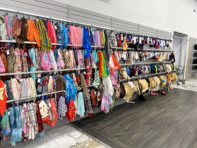 A rainbow of scarves and sun hats awaits, proving that protecting yourself from the elements can be both economical and fashionable.