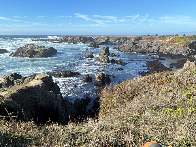 The rugged coastline reveals California's geological autobiography, written in rock formations and punctuated by crashing waves.
