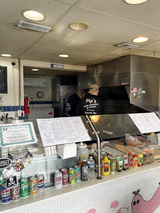 Behind the counter, where hot dog magic happens. The lineup of condiments stands at attention like tiny soldiers ready for duty.