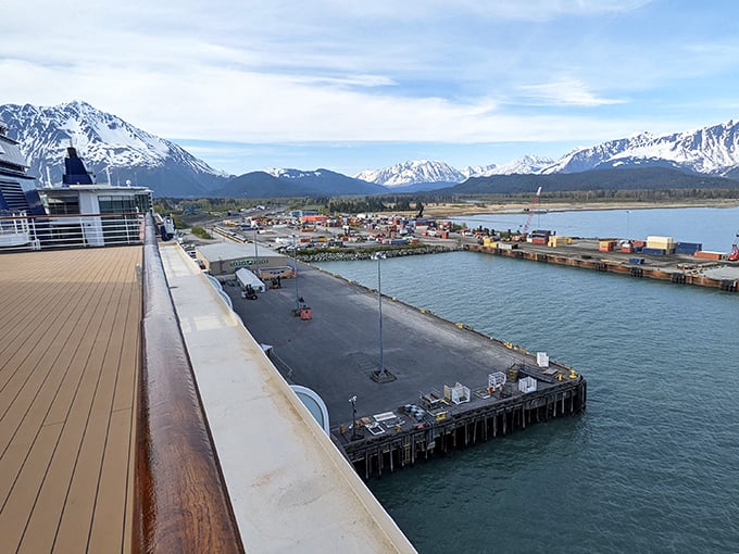 Cruise ships dock where mountains meet ocean, giving passengers their first taste of Alaska's grandeur before they even step onto Seward's shores.