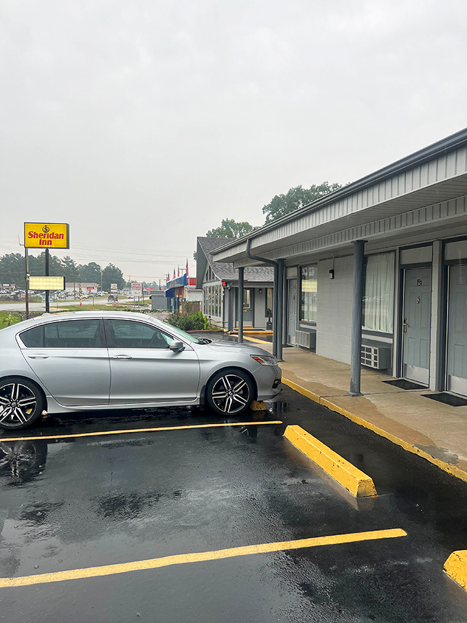 The Sheridan Inn stands ready for weary travelers, where a rainy day check-in still feels like coming home to a familiar place.