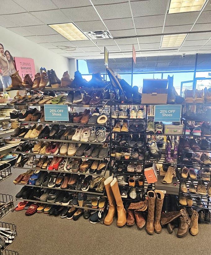 The shoe section: where practical boots mingle with questionable fashion choices from 2003. Your perfect pair is hiding somewhere in this footwear jungle.