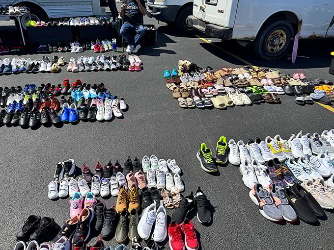 Shoe safari stretching to the horizon. From sneakers to sandals, this vendor has enough footwear to outfit a small village.