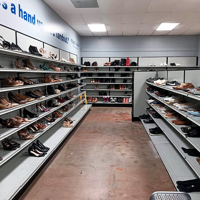 Shoe paradise! From barely-worn heels to practical loafers, all patiently waiting for Cinderella moments with new owners.