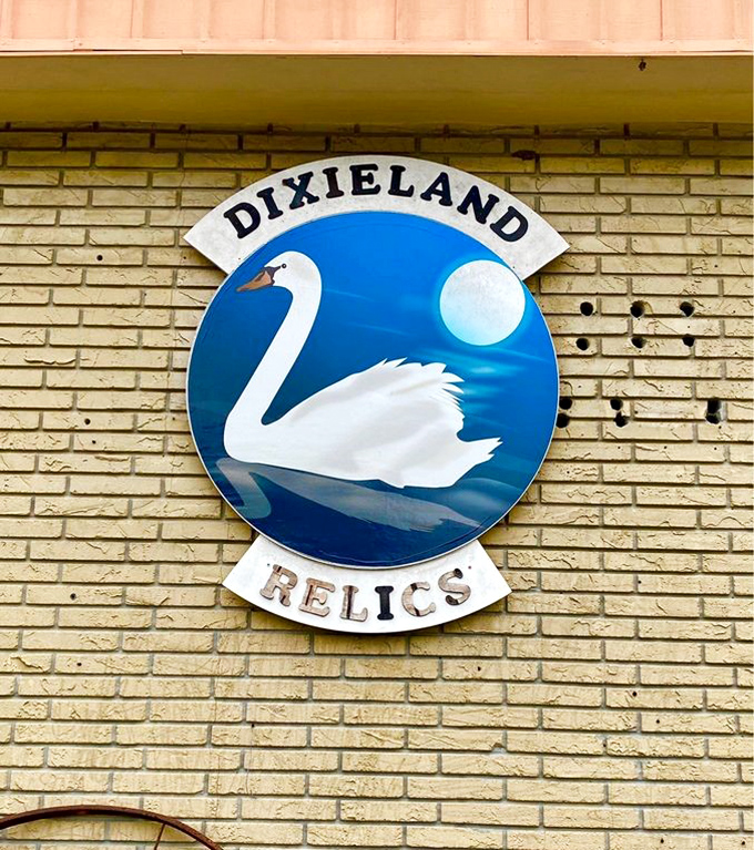 The swan sign welcomes treasure hunters to Dixieland Relics. Like a beacon for the vintage-obsessed in Lakeland's historic district.