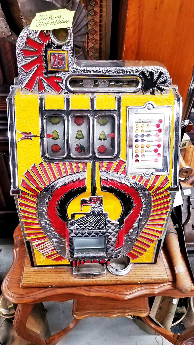 This vintage slot machine once ate quarters in some smoky Alaskan saloon; now it's ready to become your conversation's jackpot.